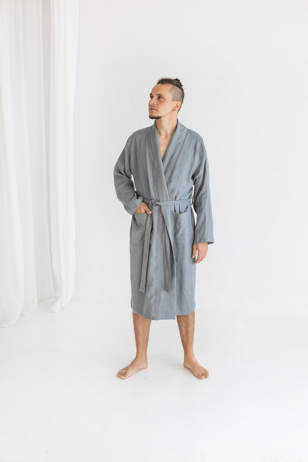 Pigeon Grey Linen Bathrobe for Men, Long Linen Kimono Bath Robe With ...