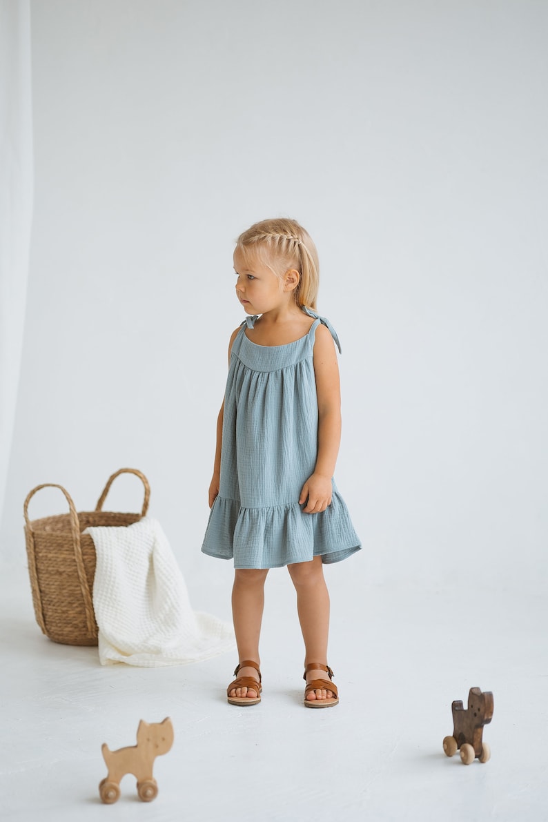 Girls Muslin Dress With Ties Ocean Blue Double Gauze Smock - Etsy