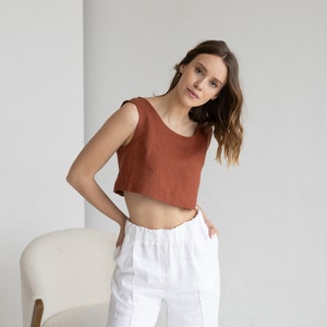 Rust Linen Crop Top, Short Linen Blouse, Short Linen Summer Top, Rust ...