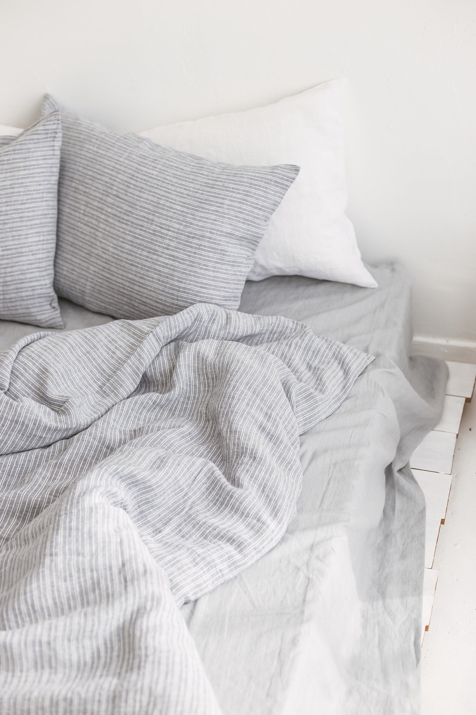 Striped Grey Linen Duvet Cover and Pillowcases, Gray Linen Bedding Set ...