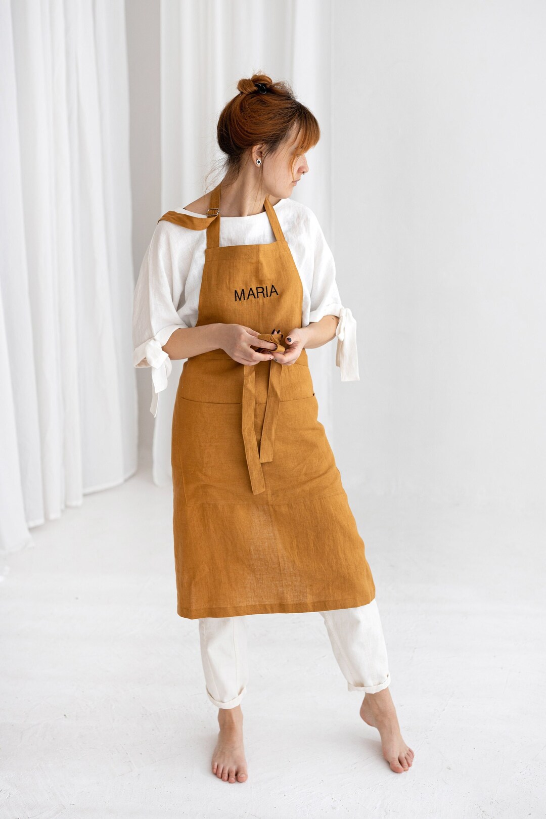 Full Linen Apron With Embroidery, Personalized Linen Apron, Embroidered ...