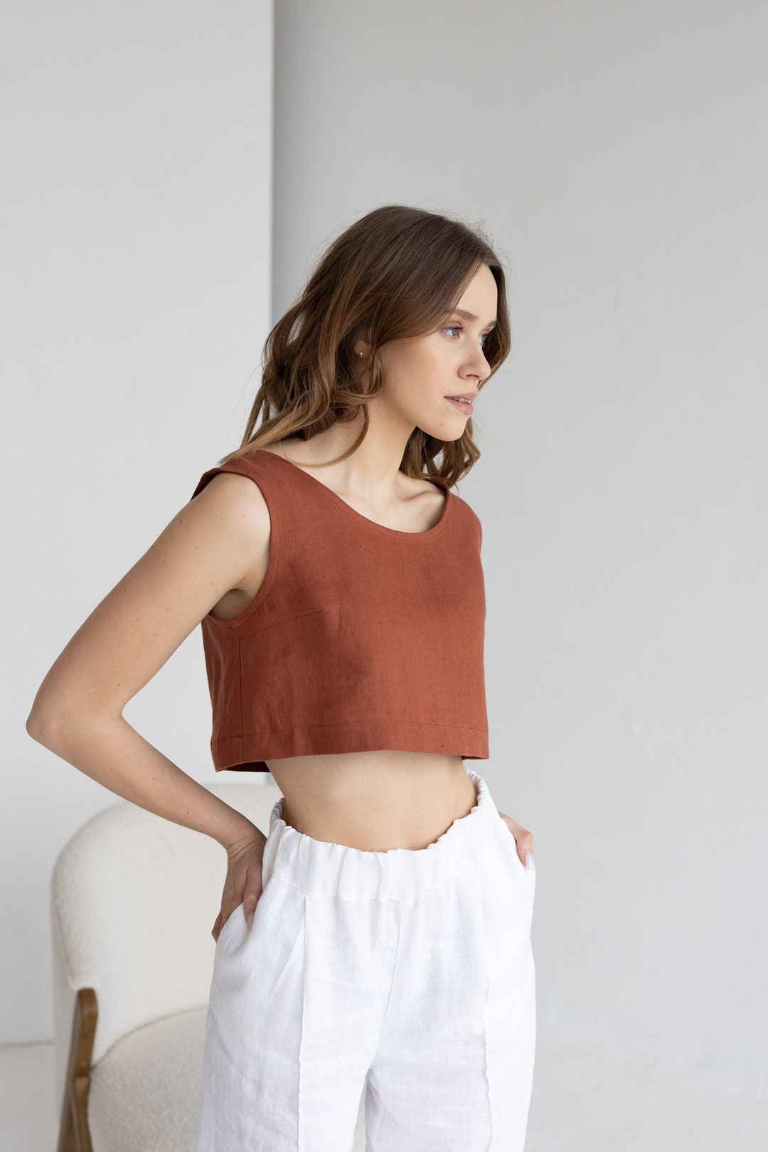 Rust Linen Crop Top, Short Linen Blouse, Short Linen Summer Top, Rust ...