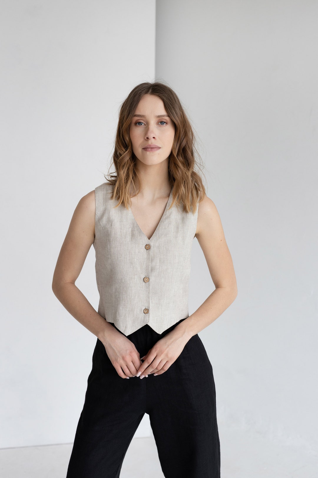 Natural Light Linen Vest Top, Classic Linen Waistcoat With Buttons ...