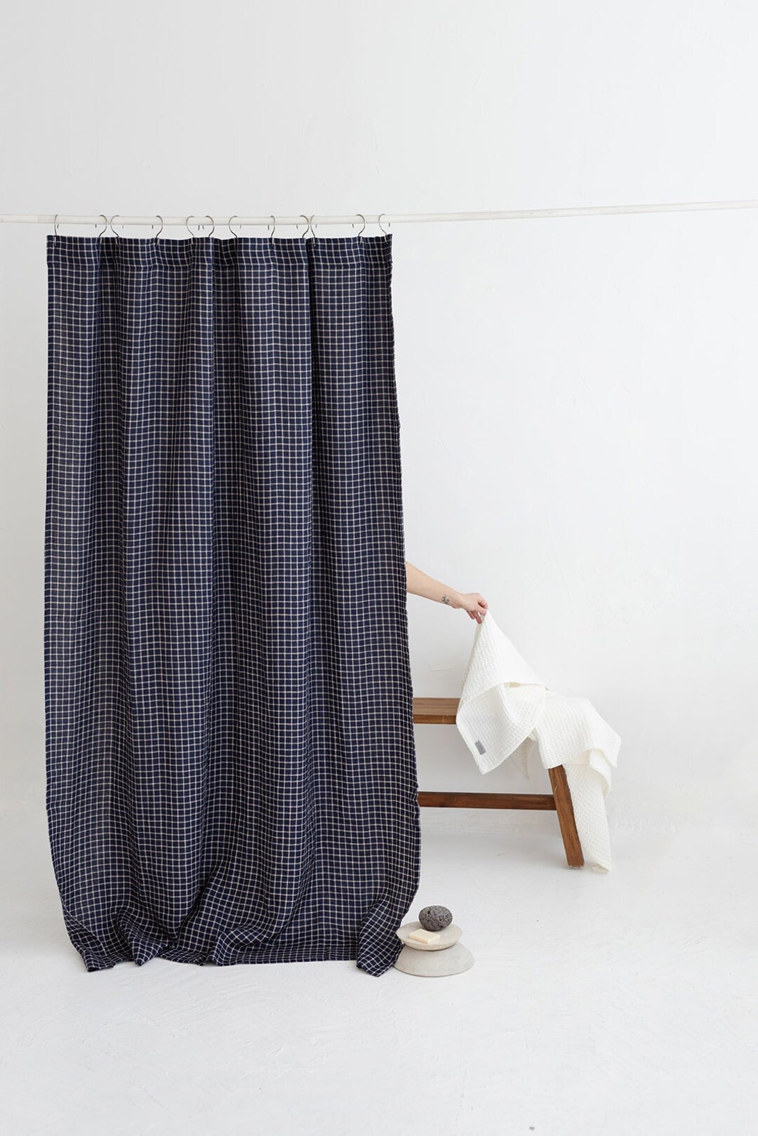 Waterproof Denim Blue Checks Linen Shower Curtain Extra Long, Water ...