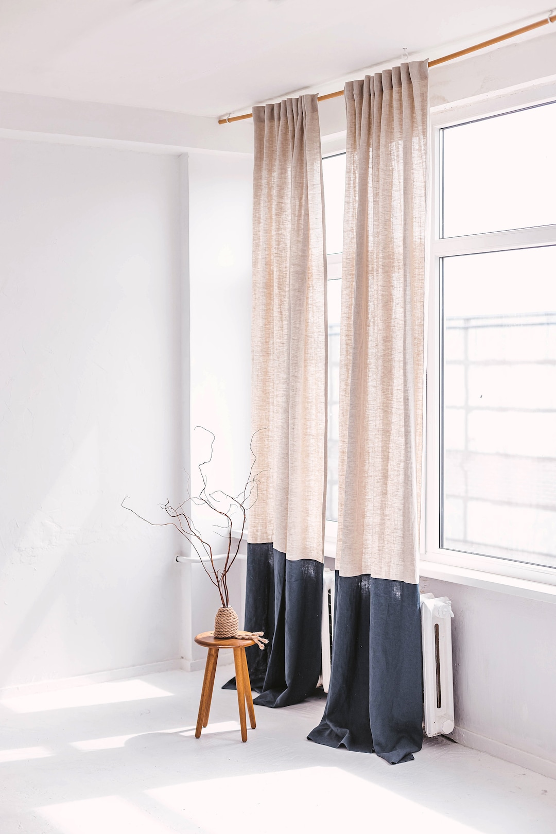 55"/140 Cm Wide Color Block Linen Curtain, Long Linen Window Panel in ...