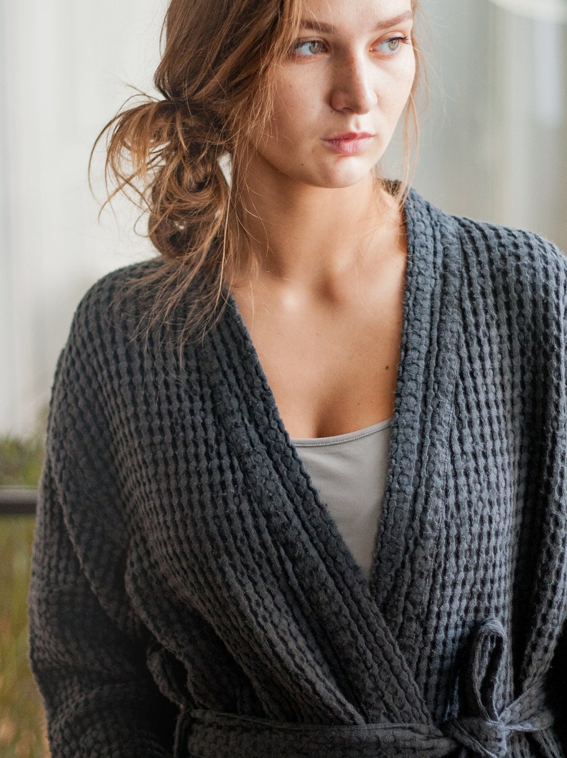 Grey Waffle Linen Robe Dark Gray Linen Bathrobe With Belt - Etsy