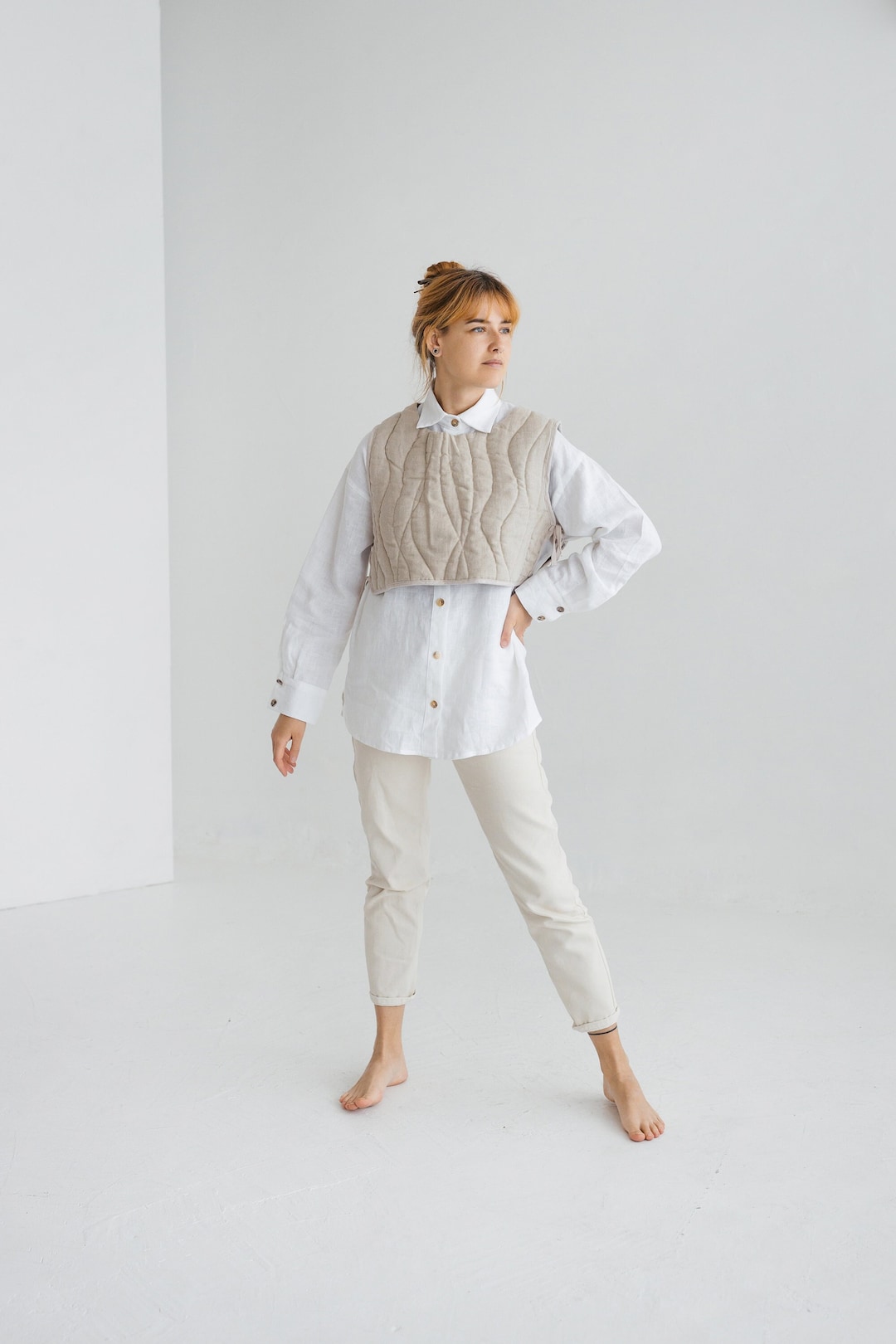 Quilted Linen Vest With Wool Filling,padded Linen Waistcoat,natural ...