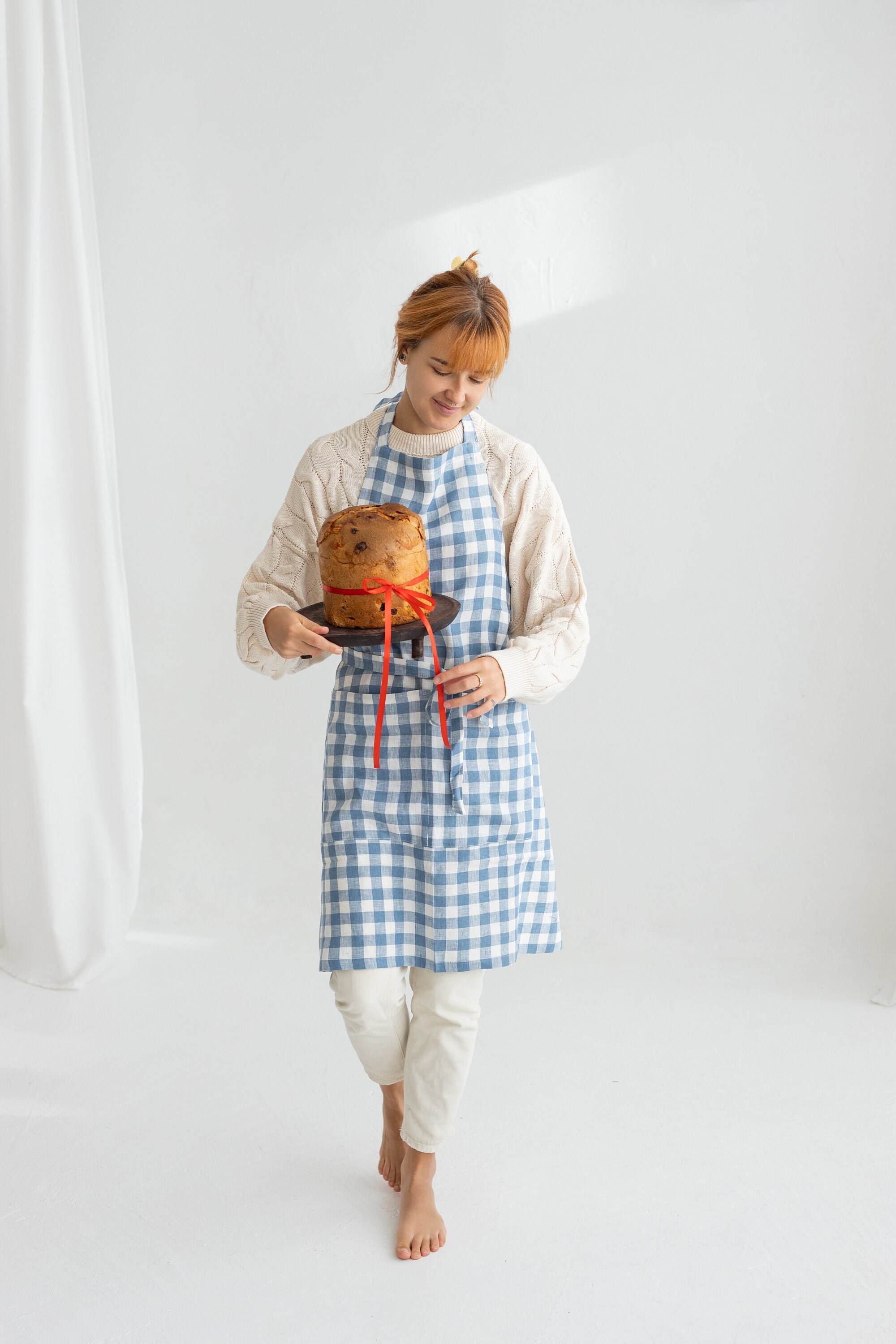 Light Blue Gingham Long Linen Apron With Pockets, Christmas Gift for ...
