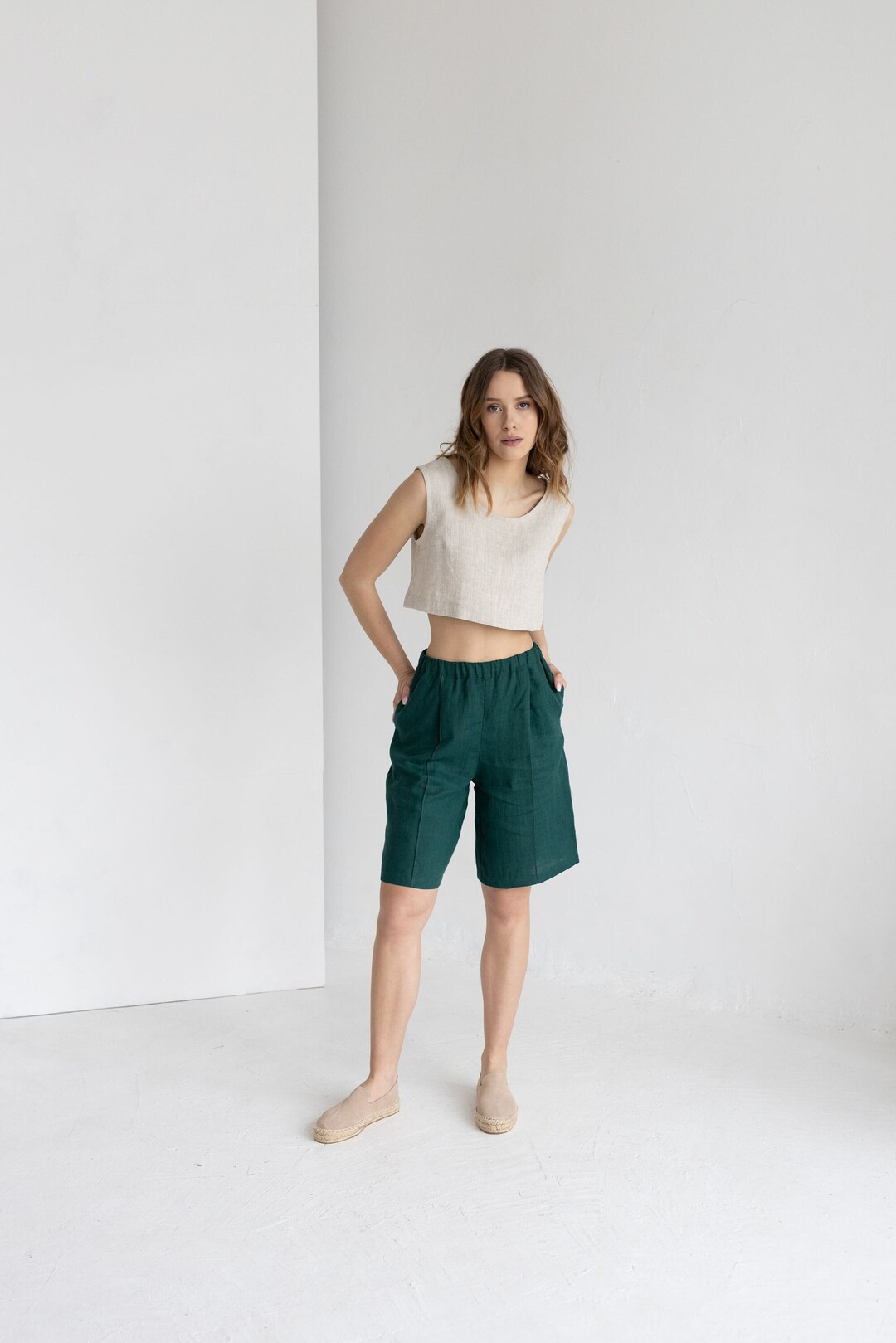 High Waisted Wide Leg Linen Shorts With Crease Line, Emerald Linen ...