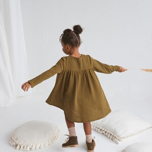Girls Muslin Dress With Buttons, Olive Green Gauze Dress With Bishop ...