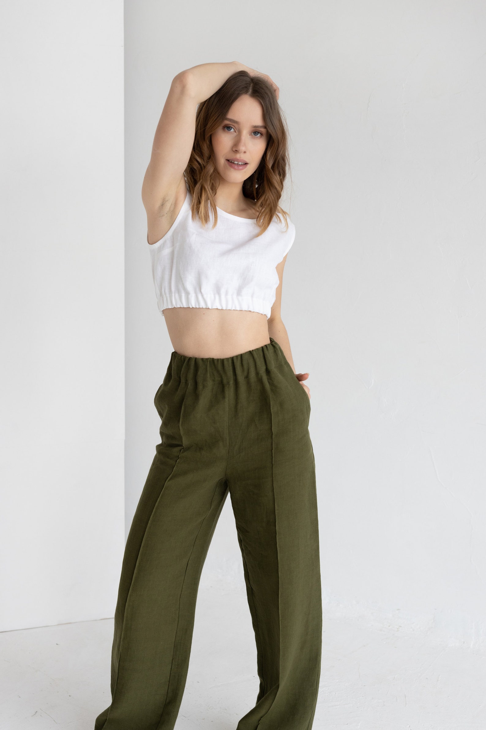 Forest Green Wide Leg Linen Woman Pants, High Waisted Creased Linen ...