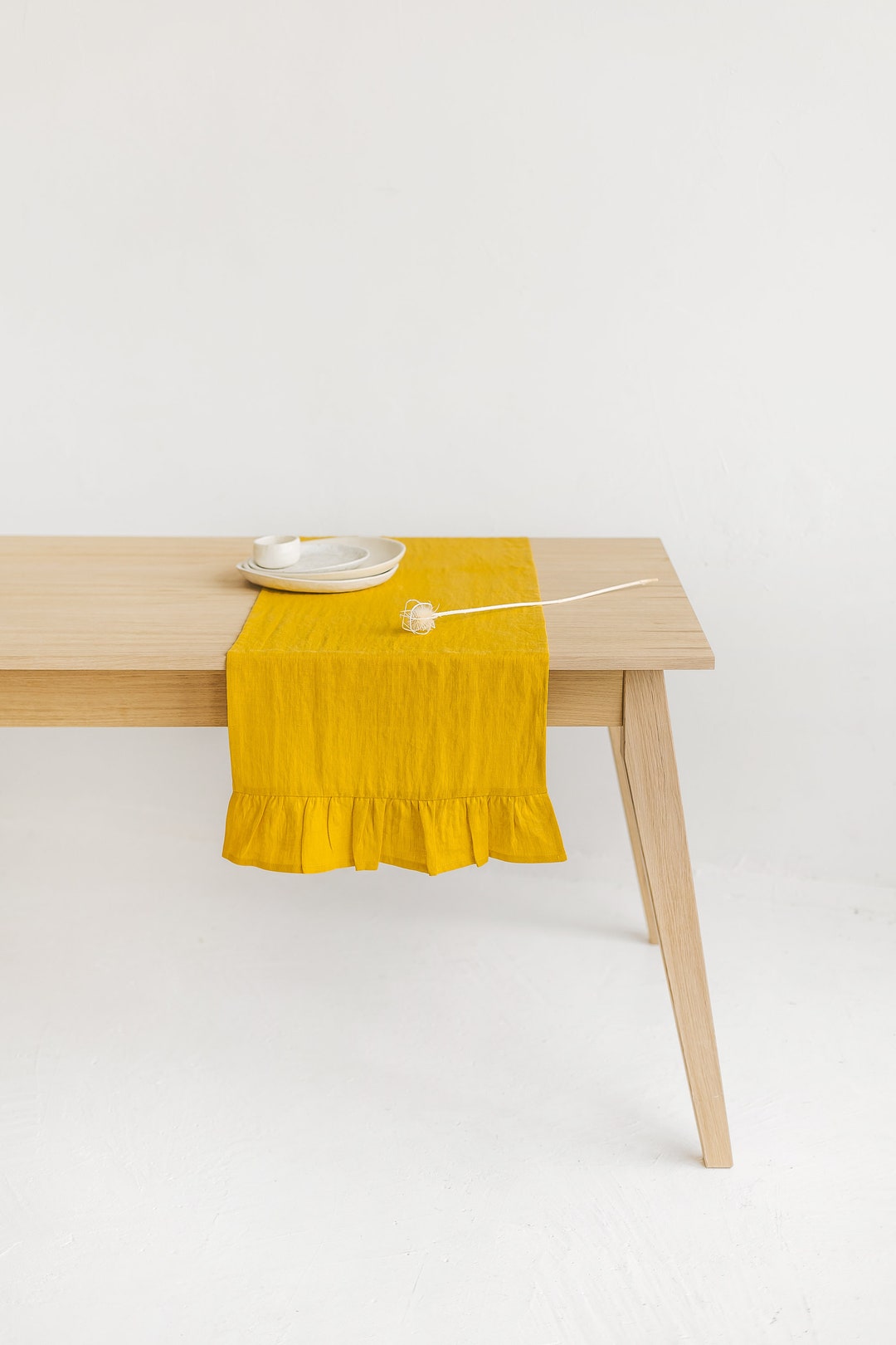 Yellow Linen Table Runner With Ruffles, Soft Rustic Linen Table Runner ...