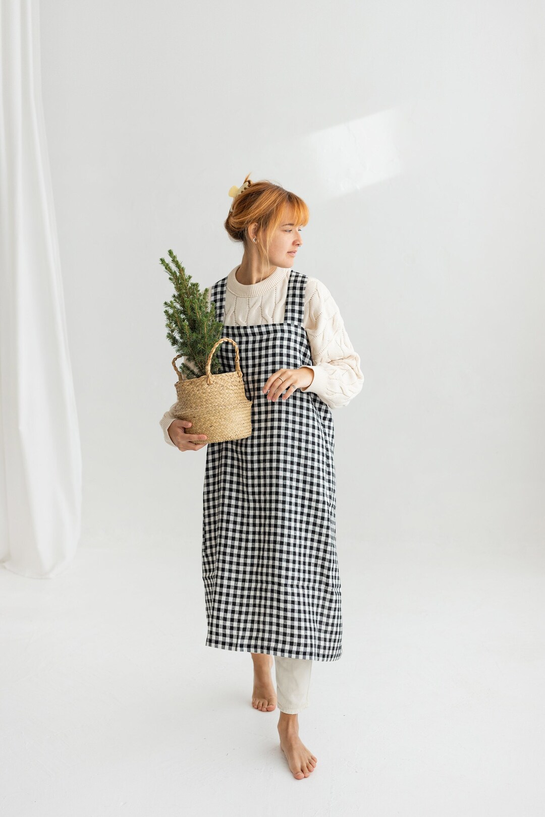 Japanese Black and White Linen Gingham Apron With Pocket, Full Women Apron, Black Linen Pinafore ...