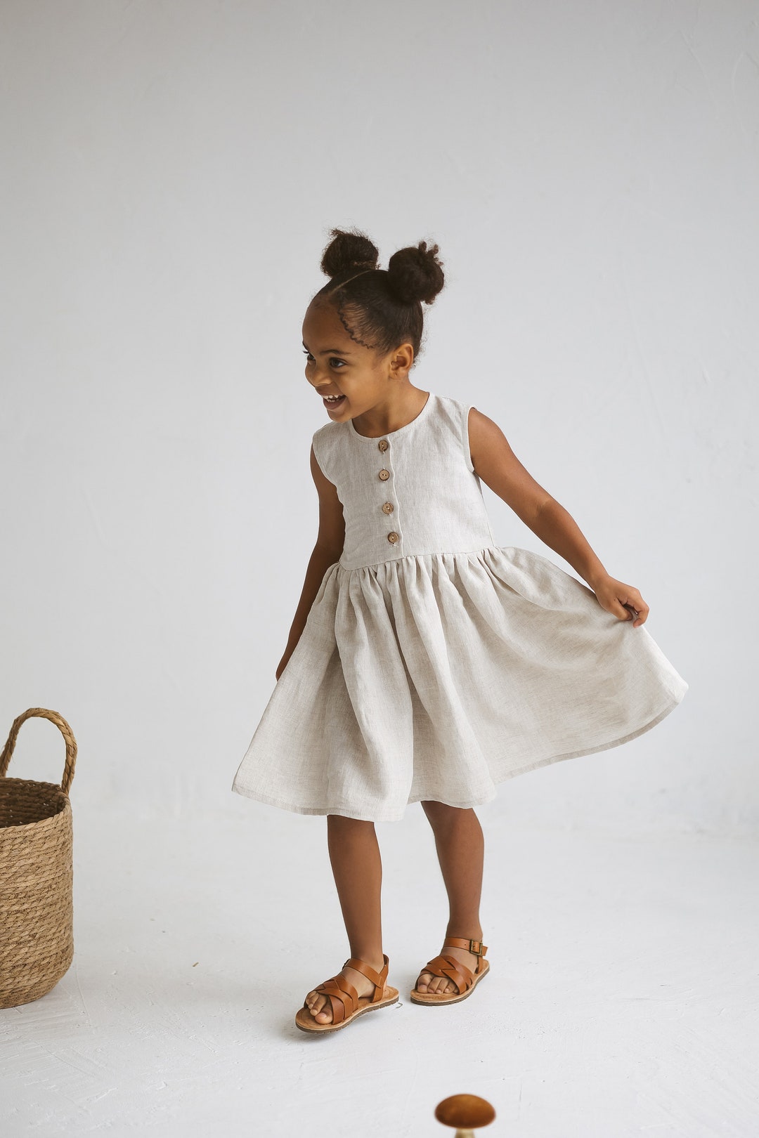 Girls Linen Dress With Buttons, Natural Linen Sleeveless Dress, Toddler ...