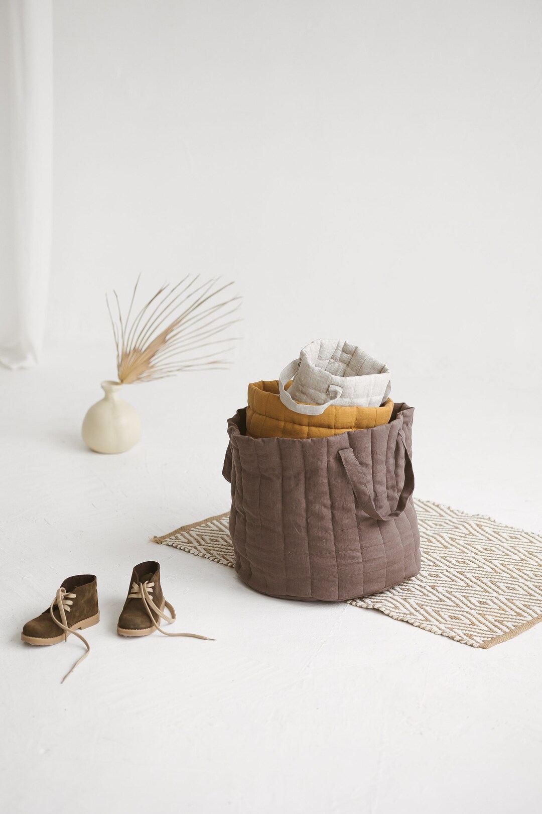 Quilted Linen Laundry Basket, Linen Laundry Bag With Handles, Padded ...