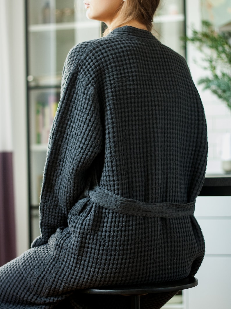 Grey Waffle Linen Robe Dark Gray Linen Bathrobe With Belt | Etsy