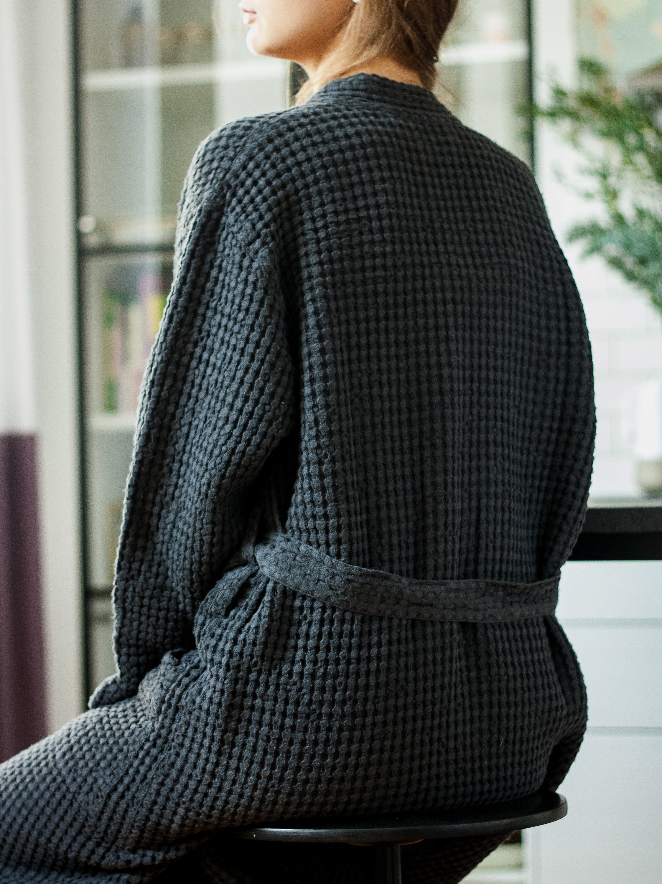 Grey Waffle Linen Robe Dark Gray Linen Bathrobe With Belt | Etsy