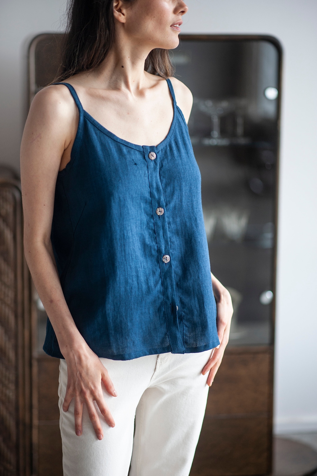 Blaues Leinen Cami mit Trägern, Leinen Slip Top mit Knöpfen, Basic ...