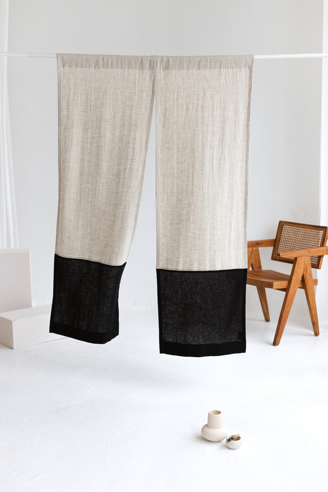 Black Color Block Linen Noren Curtain, Japanese Linen Noren, Japanese ...