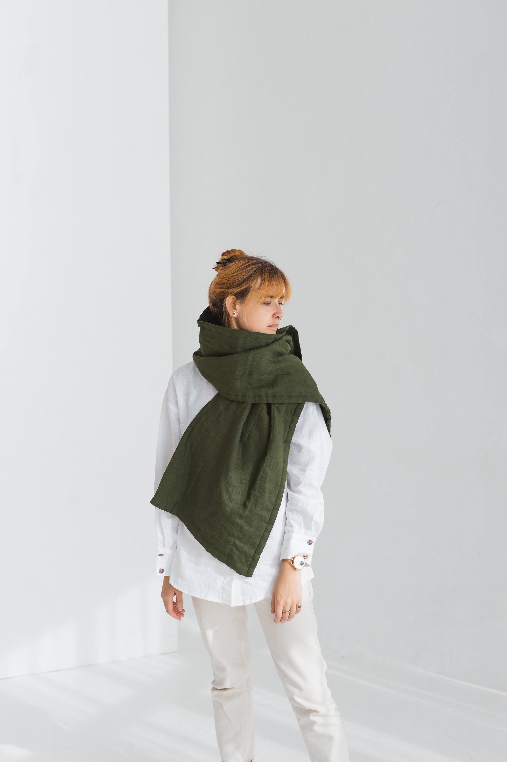 Natural Linen Scarf With Wool Filling, Dark Green Soft Linen Woolen ...