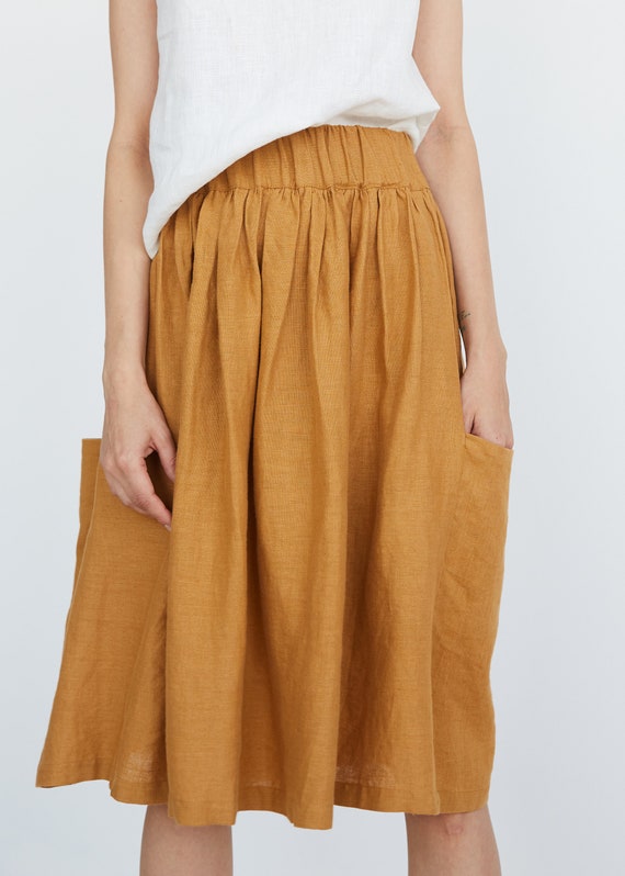 Linen Skirt With Pockets, Midi Linen Skirt With Elastic Band Linen Skirt With Pockets, Midi Linen Skirt With Elastic Band