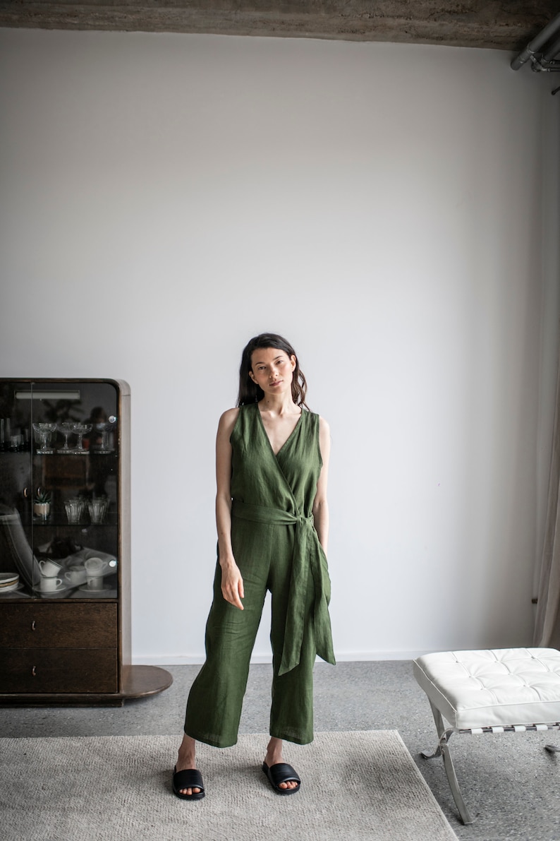 Green Wrap Linen Jumpsuit With Belt Sleeveless Linen Overall - Etsy