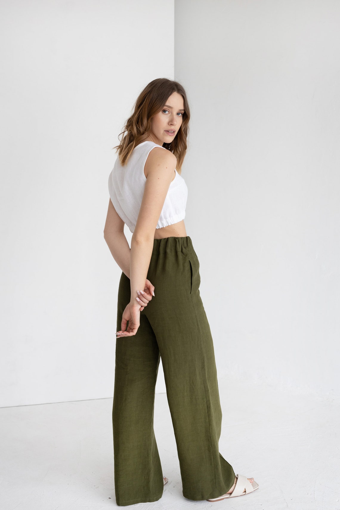 Forest Green Wide Leg Linen Woman Pants High Waisted Creased - Etsy