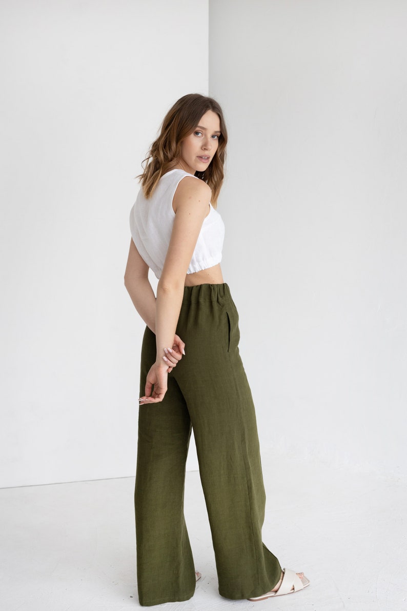 Forest Green Wide Leg Linen Woman Pants, High Waisted Creased Linen ...