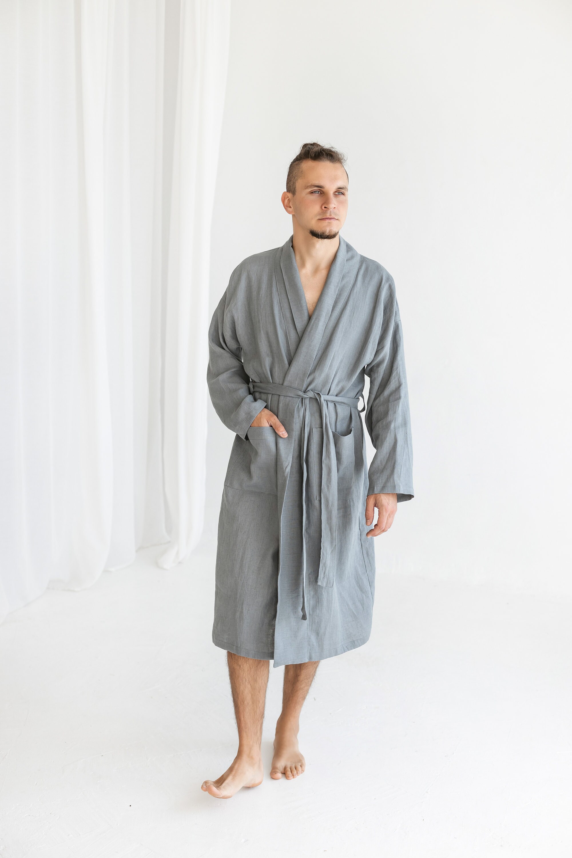 Coal Grey Linen Bathrobe for Men, Long Linen Kimono Bath Robe With Belt ...