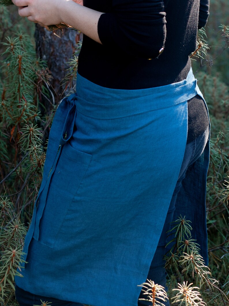 Linen Half Apron With Pocket Blue Linen Pinafore Chef Apron | Etsy