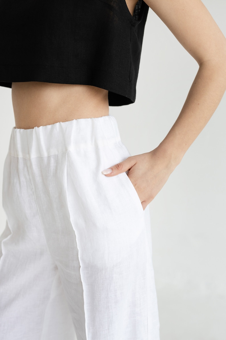 White Wide Leg Linen Woman Pants, High Waisted Creased Linen Pants ...