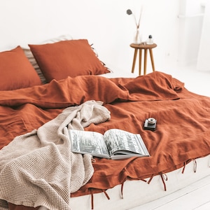 Rust Linen Duvet Cover and Pillowcases, Boho Linen Bedding Set, Linen ...