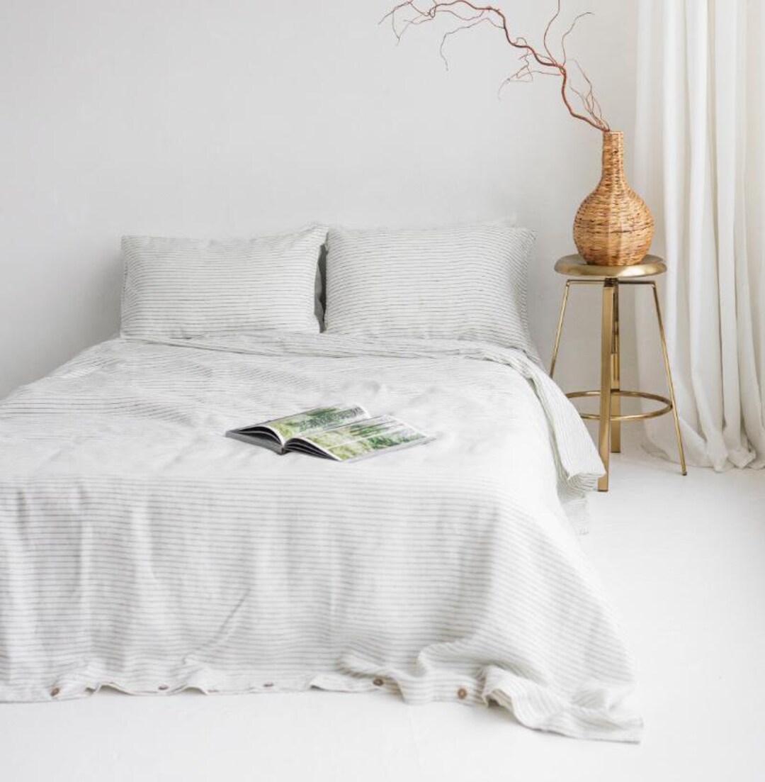 Milky White Pinestripe Linen Duvet Cover and Pillowcases,linen King ...
