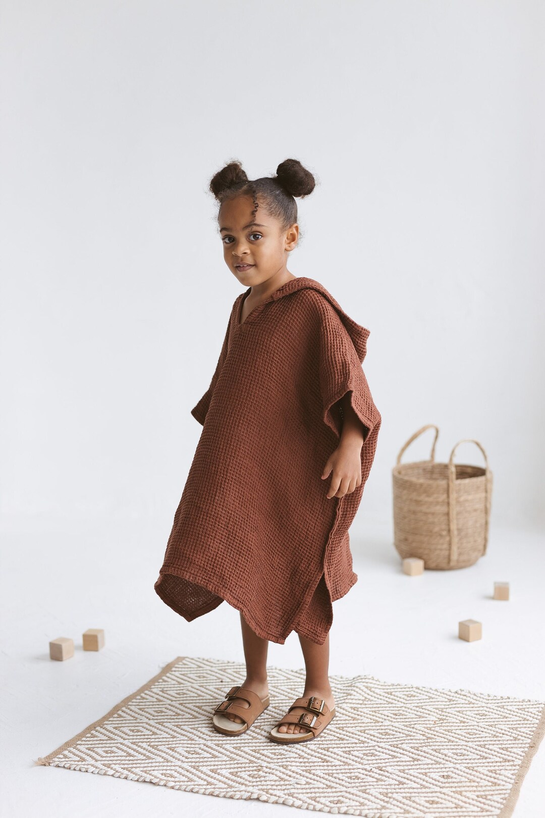 Linen Beach Poncho for Kids, Rust Waffle Linen Poncho, Hooded Baby ...