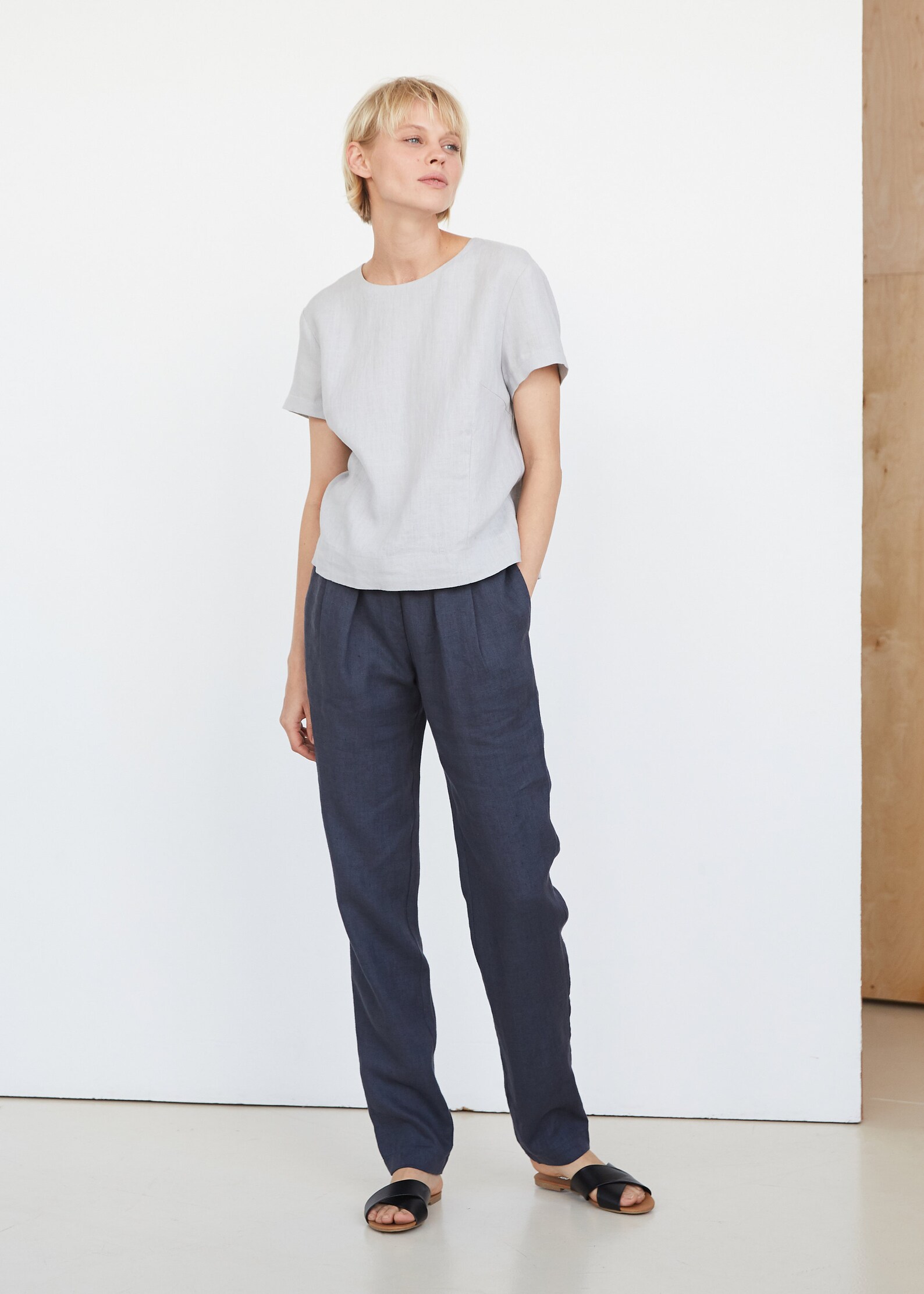 Gray Linen Woman Pants With Pockets, Natural Linen Trousers Elastic ...