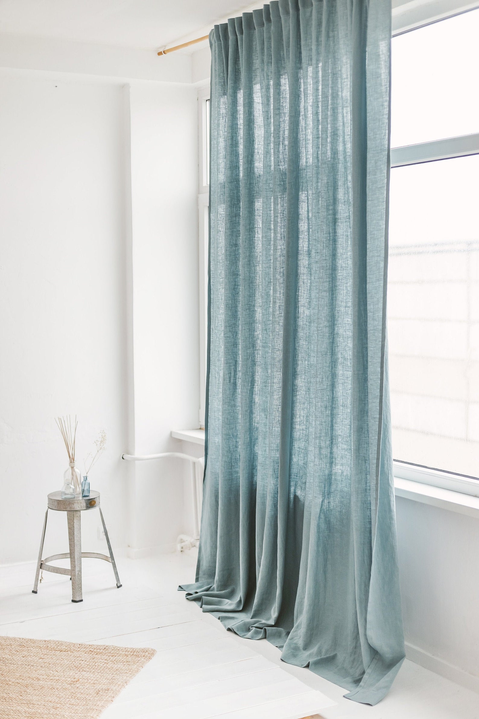 110/ 280cm Wide Linen Curtain, Dusty Aqua Linen Window Drape ...