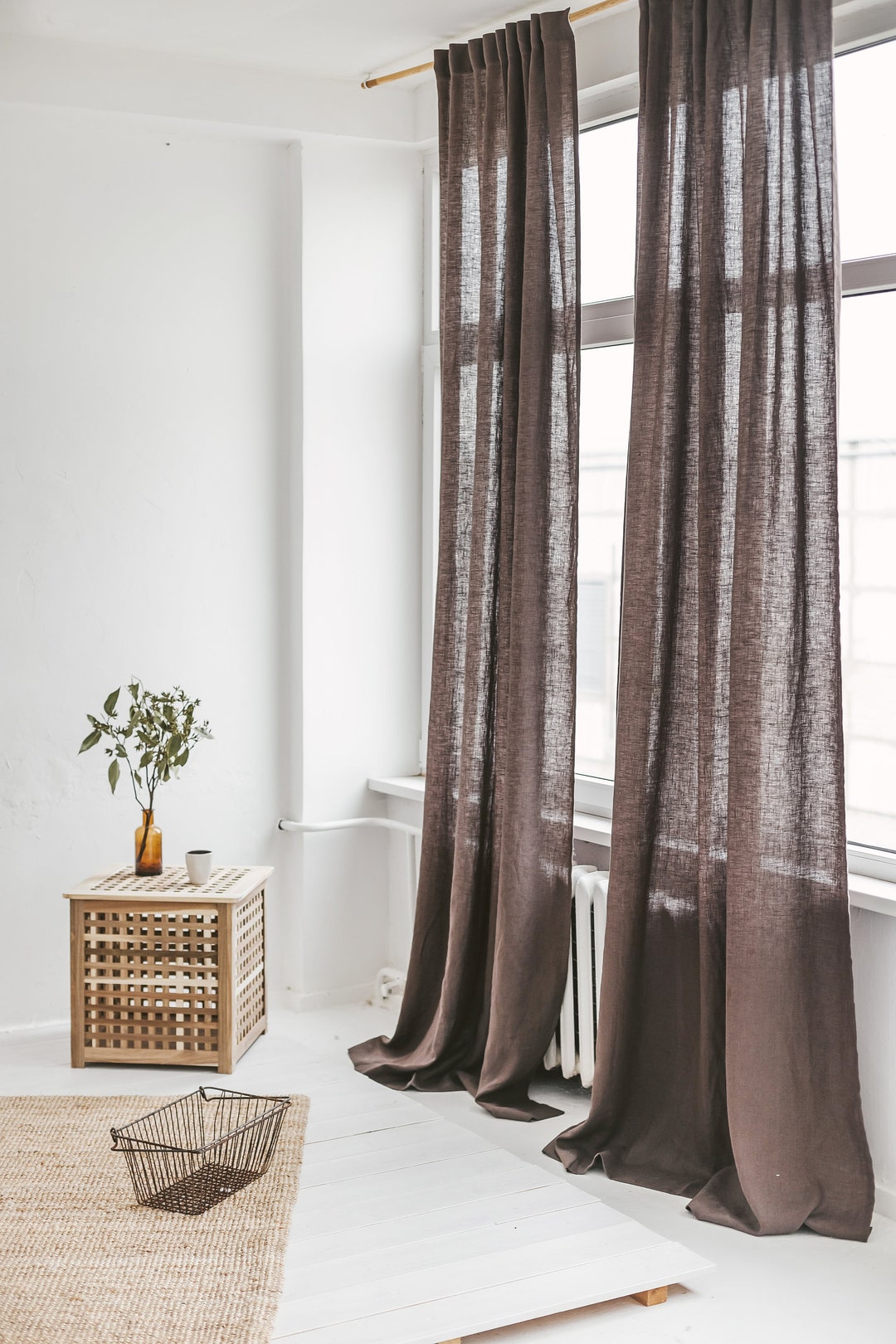 55"/140 Cm Wide Extra Long Linen Curtain, Brown Linen Window Drape ...