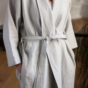 Grey Linen Bathrobe, Light Gray Long Linen Kimono Bath Robe With Belt ...