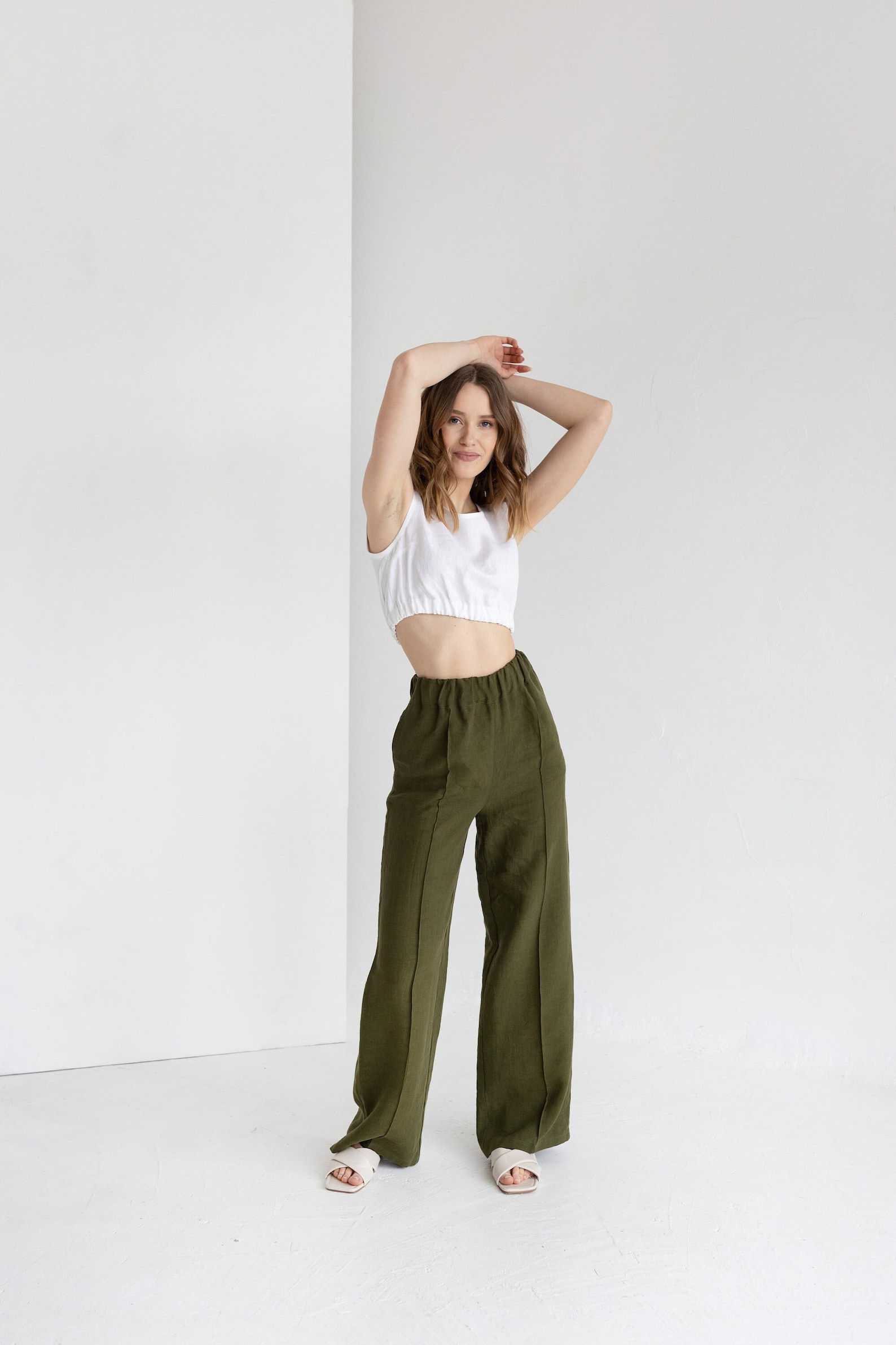 Forest Green Wide Leg Linen Woman Pants High Waisted Creased - Etsy