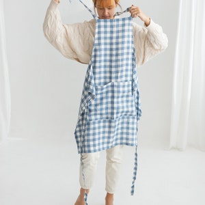 Light Blue Gingham Long Linen Apron With Pockets, Christmas Gift for ...
