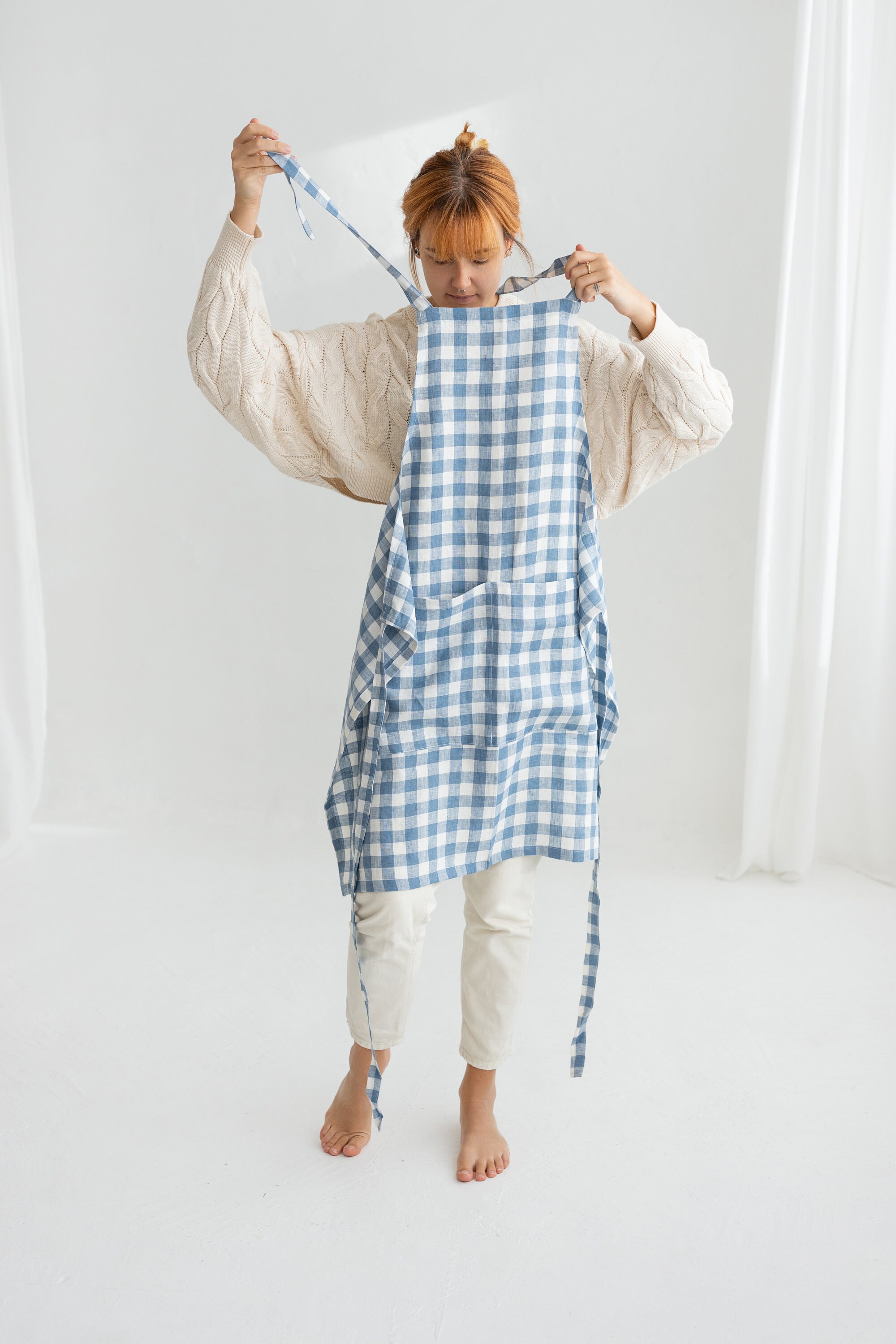 Light Blue Gingham Long Linen Apron With Pockets, Christmas Gift for ...