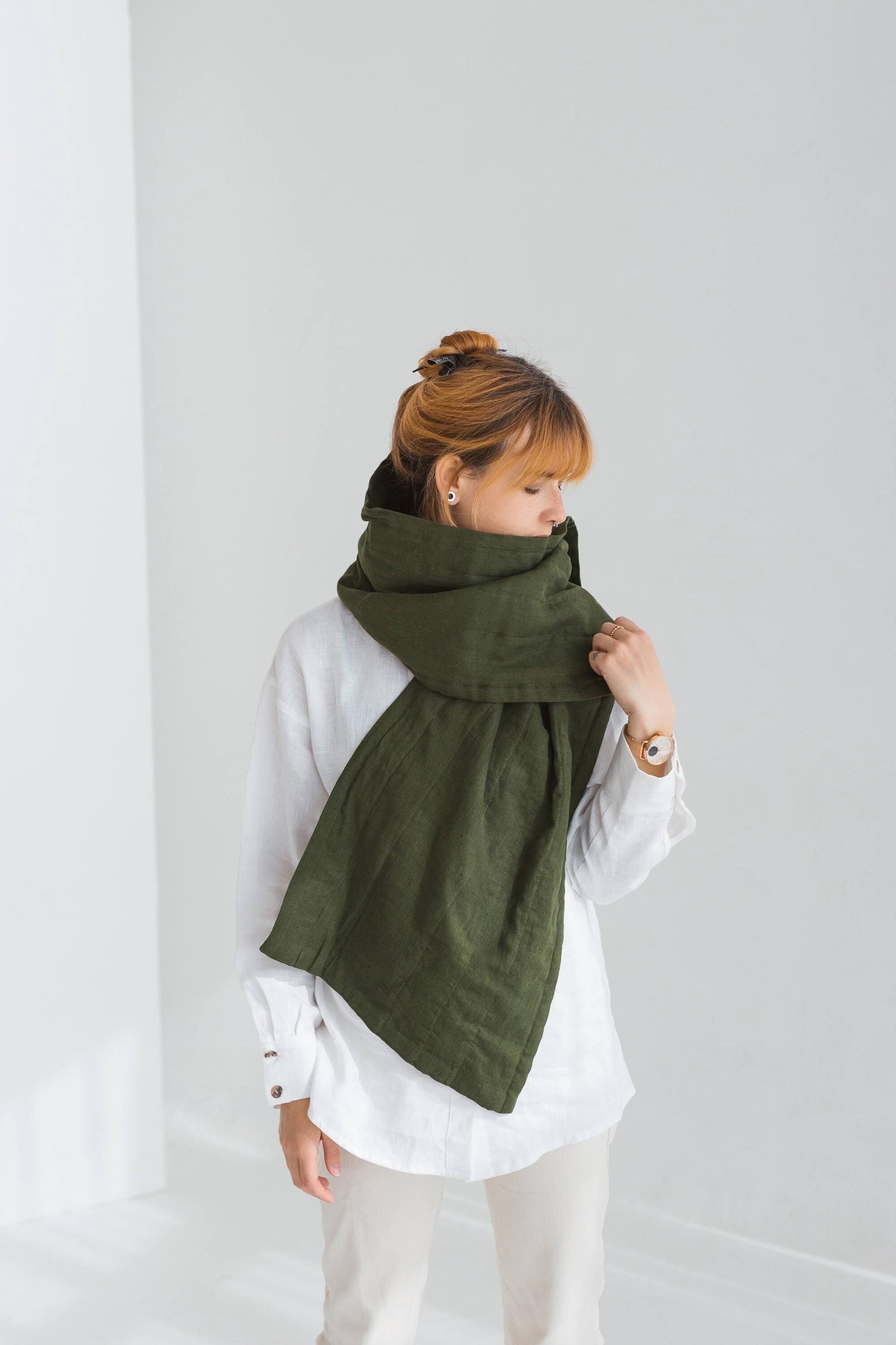 Natural Linen Scarf With Wool Filling, Dark Green Soft Linen Woolen ...