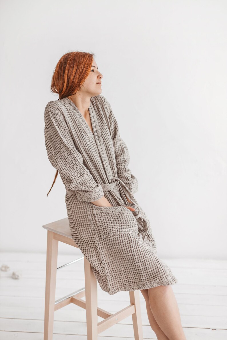 Grey Waffle Linen Robe Dark Gray Linen Bathrobe With Belt | Etsy
