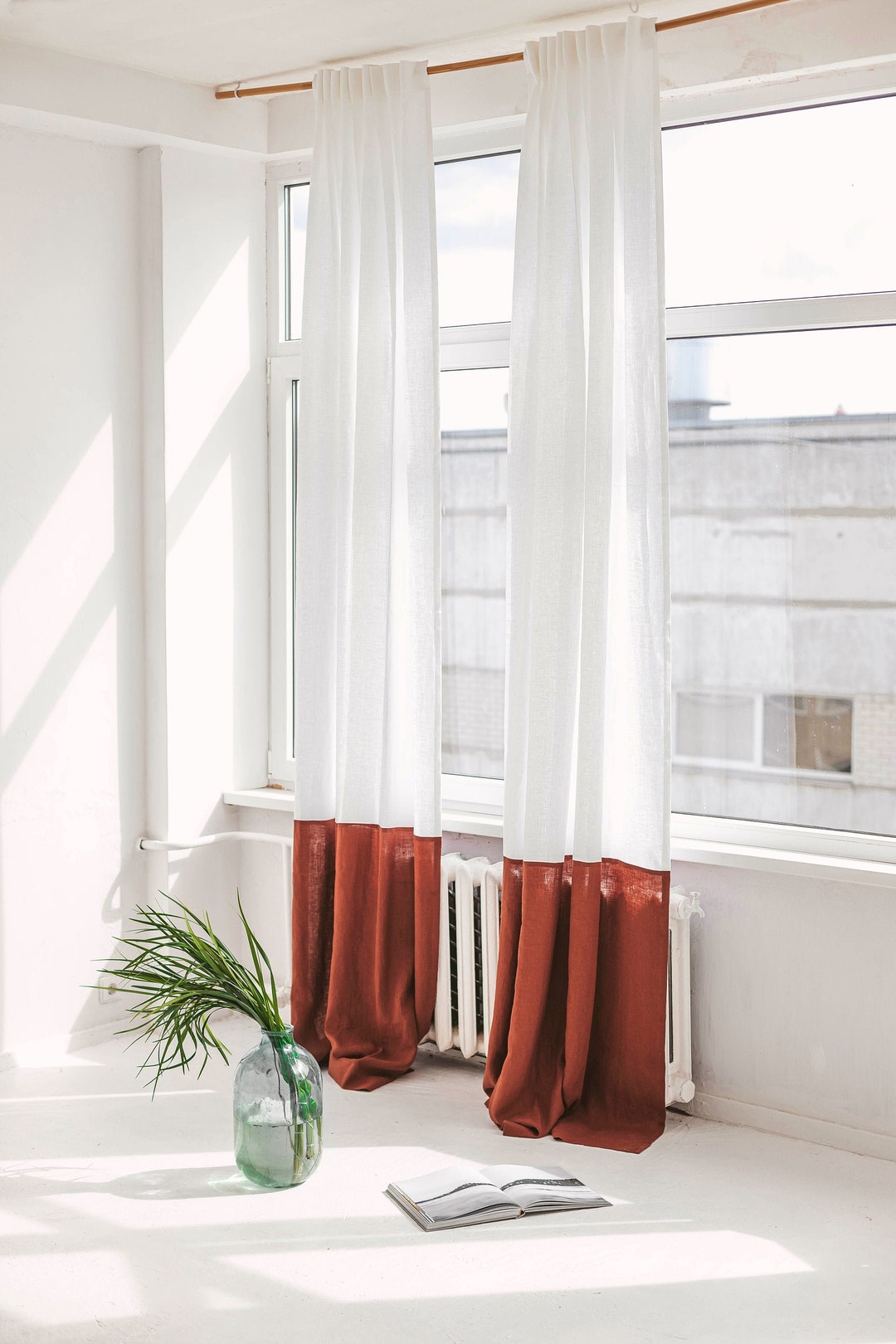55"/140 Cm Wide Color Block Linen Curtain, Long Linen Window Panel in ...