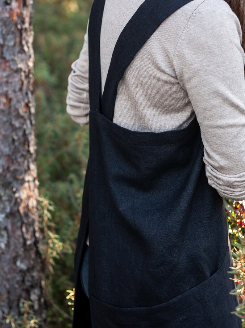 Japanese Linen Apron With Pocket, Full Women Apron, Black Linen ...