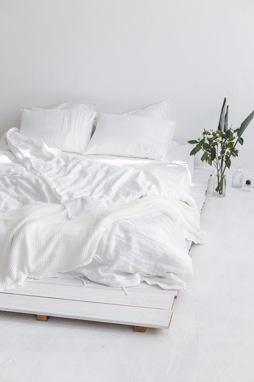 White Linen Bedding Set, White Duvet Cover and Pillowcases, Linen Doona ...