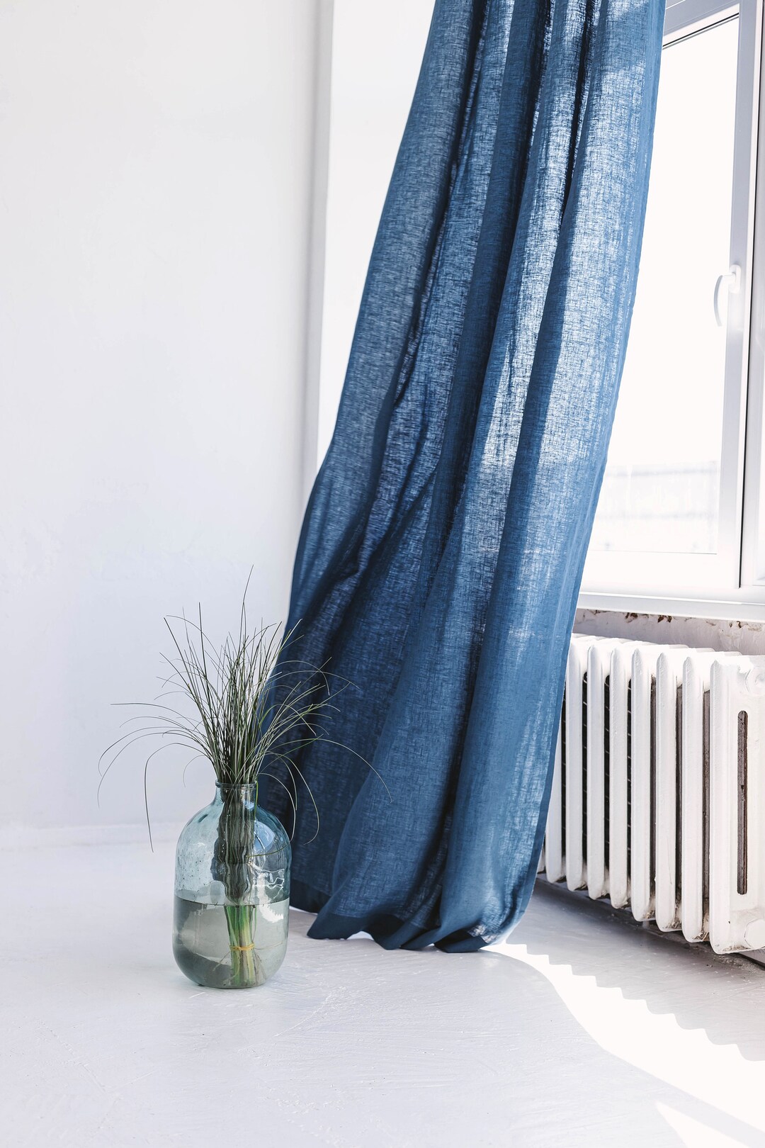 55"/140 Cm Wide Harbour Blue Linen Curtain, Blue Linen Window Drape ...