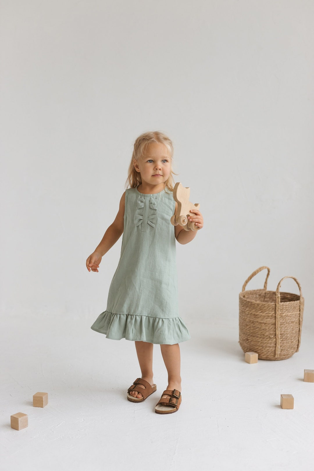 Girls Linen Dress With Ruffles, Girls Linen Frilly Dress, Toddler Linen ...