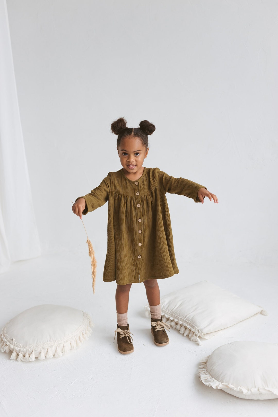 Girls Muslin Dress With Buttons Olive Green Gauze Dress With - Etsy