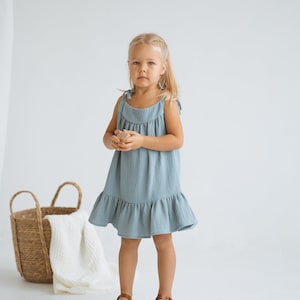 Girls Muslin Dress With Ties, Ocean Blue Double Gauze Smock Dress ...